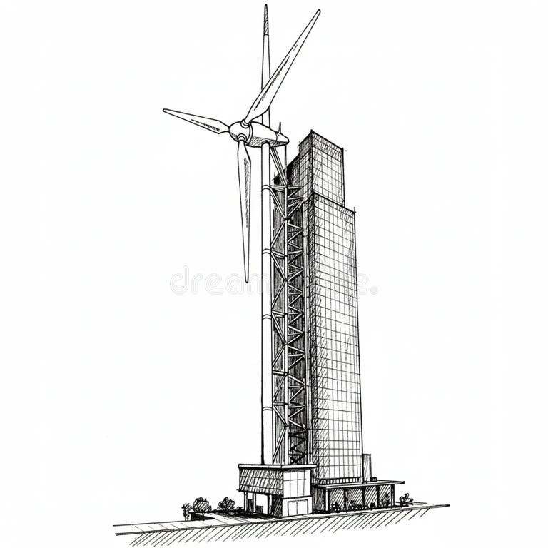 Skyscraper Drawing with Integrated Wind Turbine Features a Modern ...
