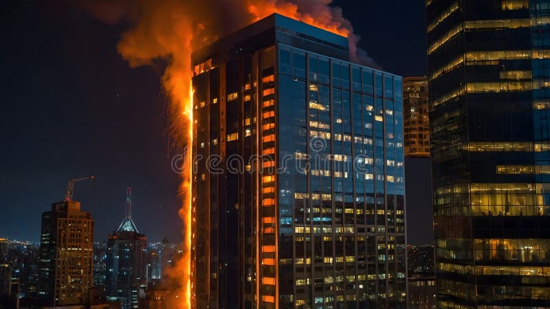Skyscraper on Fire at Night with Flames and Sparks Illuminating the ...