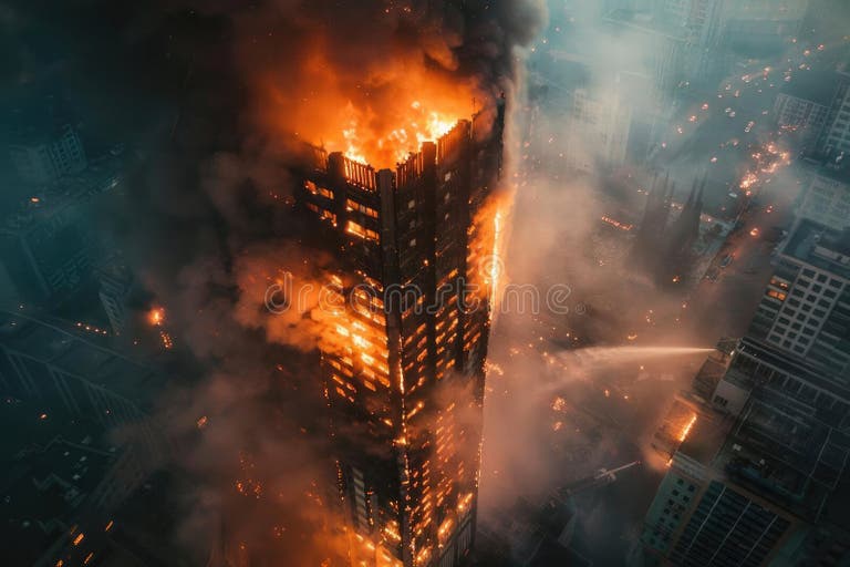 Skyscraper Fire. View from Drone. Multi-storey Modern House is Burning ...