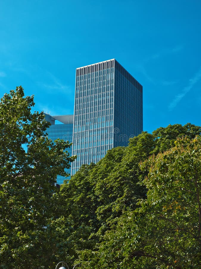 A Skyscraper with Glass Front Under a Clear Sky with Trees in the ...