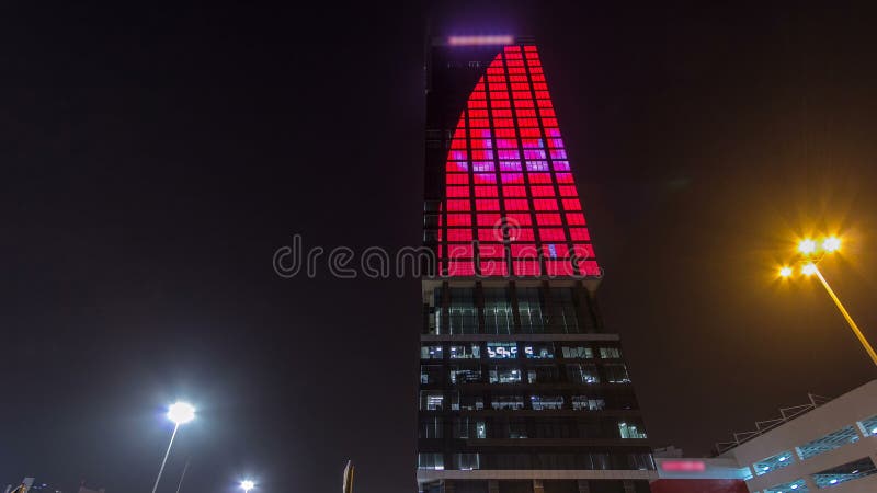 Skyscraper Illuminated at Night Downtown Timelapse Hyperlapse in Kuwait ...