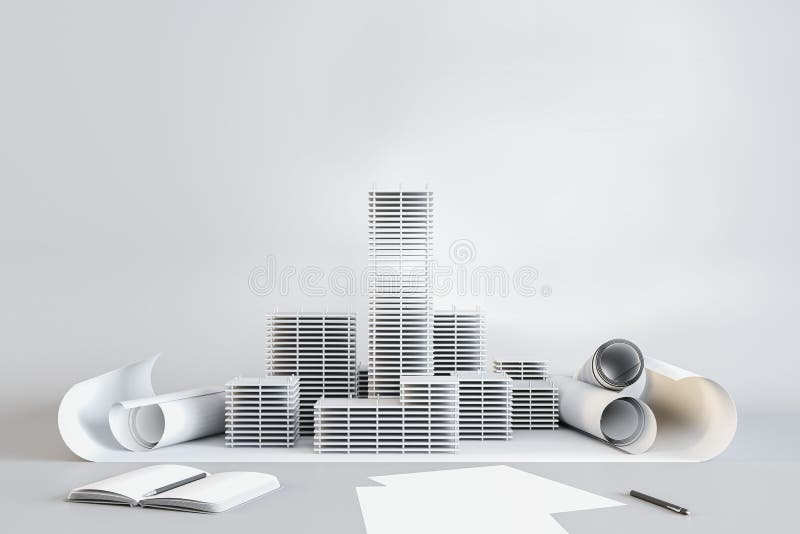 Skyscraper Project with Paperwork on White Background. Architecture and ...