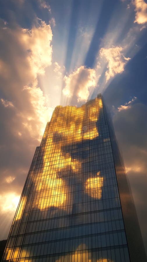 Skyscraper Reflecting Golden Clouds at Sunset Stock Photo - Image of ...