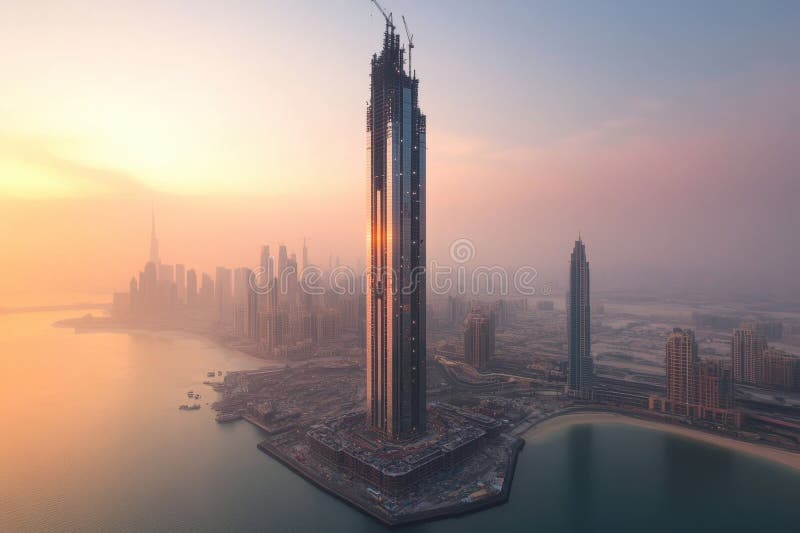 Skyscraper Rises Above Dubai Skyline at Sunset with Reflections on ...