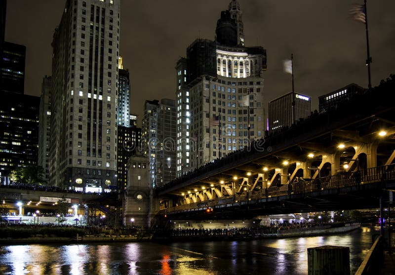 Skyscraper the River with Bridge Lit Up at Night Stock Photo - Image of ...