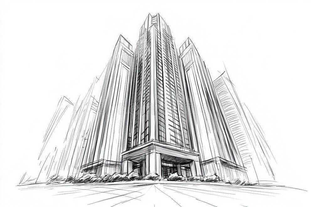 Skyscraper Sketch: a Dramatic Representation of a Skyscraper, Emphasizing Its Height and ...