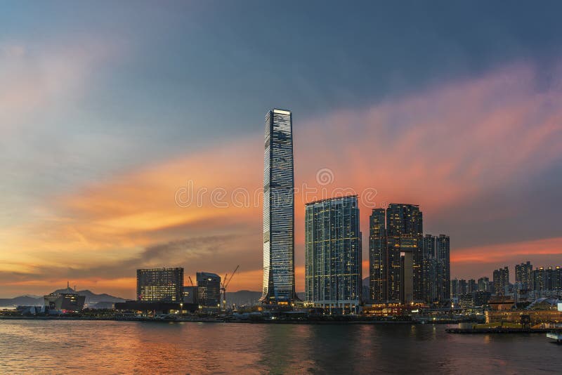 Skyscraper, Skyline and Harbor of Hong Kong City Under Sunset Stock ...