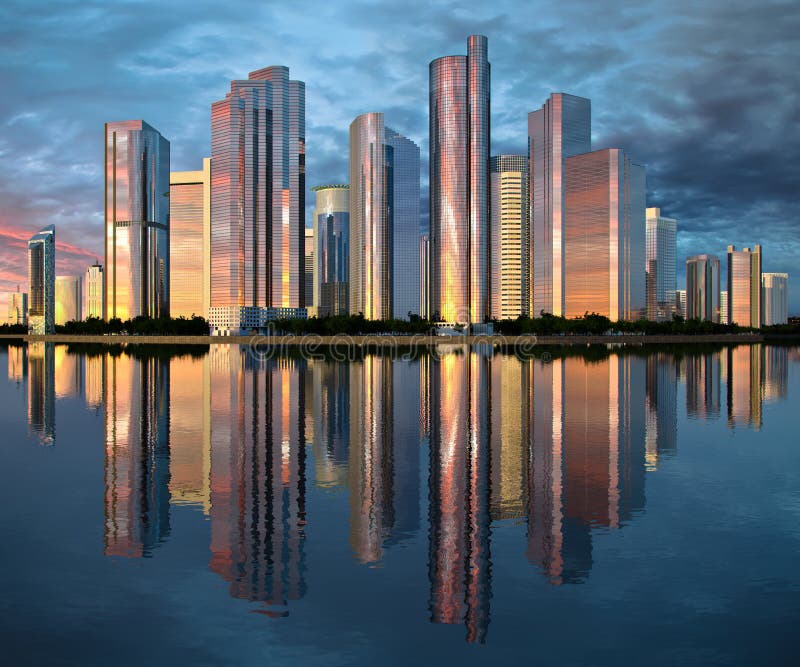 Skyscraper Skyline Reflected on Stock Illustration - Illustration of ...