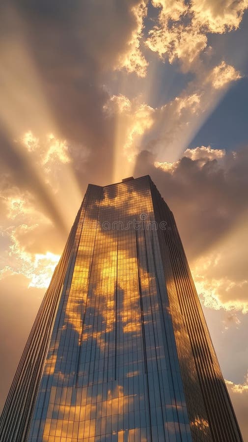 Skyscraper with Sun Rays Reflecting on Glass Facade at Sunset Stock ...