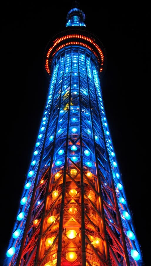 Skyscraper Tower with Lights at Night, Cityscape Illumination ...