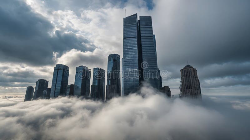 Skyscraper Towering Above the Clouds in a Mystical Foggy Atmosphere ...