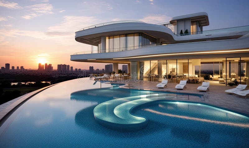 A Skyscraper Towering Over a Sprawling Swimming Pool Stock Illustration ...