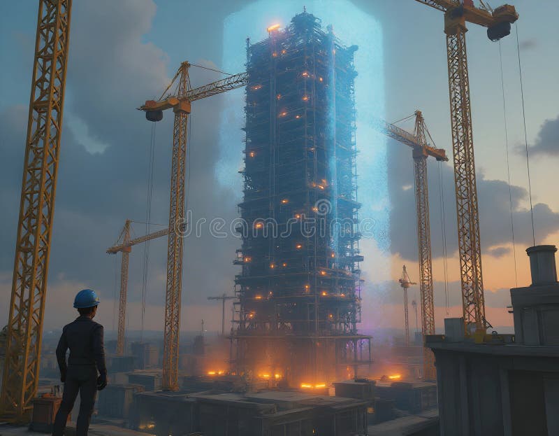 Skyscraper Under Construction with Cranes and Engineer Stock ...