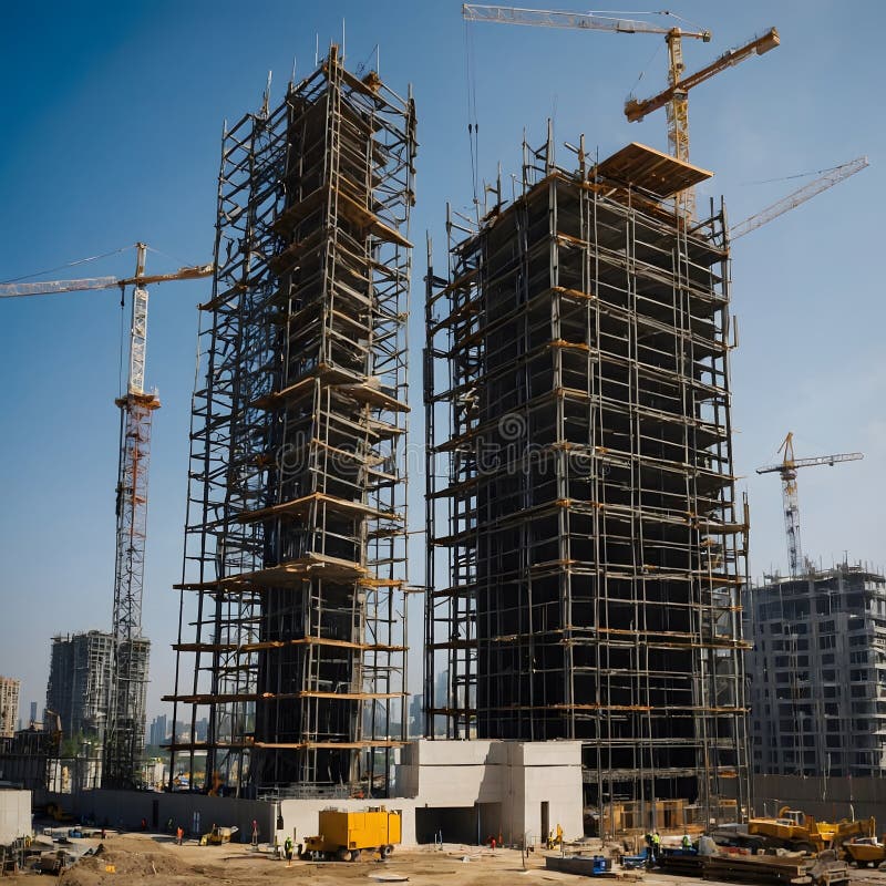 Skyscraper Under Construction with Cranes and Exposed Steel Framework ...