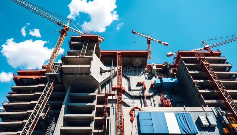 Skyscraper Under Construction with Multiple Cranes Against a Blue Sky ...