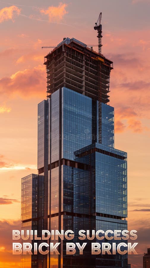 Skyscraper Under Construction at Sunset with Crane and Reflective Glass ...
