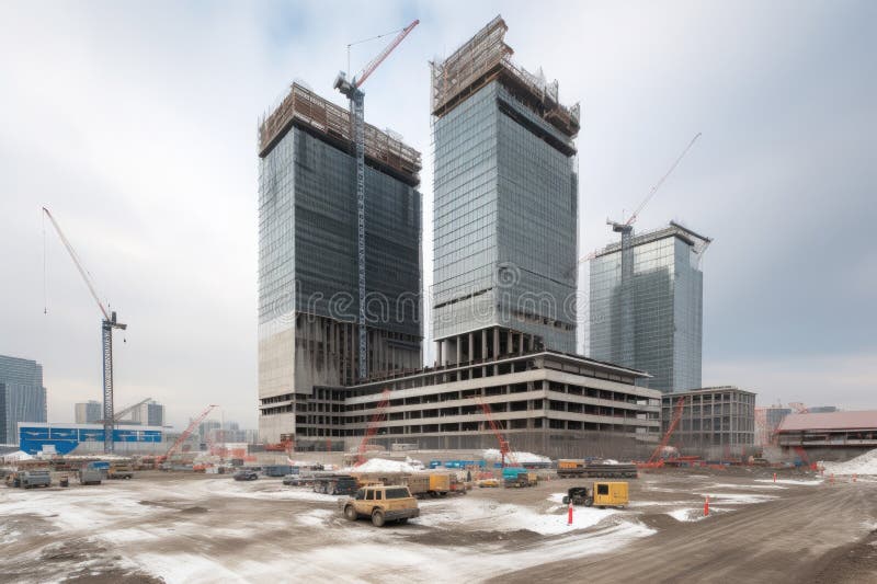 Skyscraper Under Construction, with Workers and Machinery on-site Stock ...