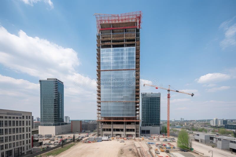 Skyscraper Undergoing Construction, with Workers and Equipment Visible ...