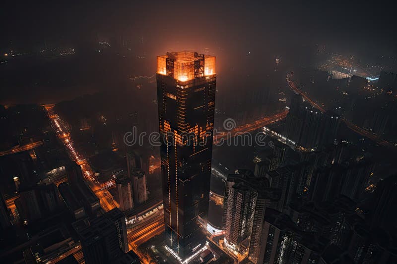Skyscraper, with View of the City at Night, and Bright Lights Shining ...