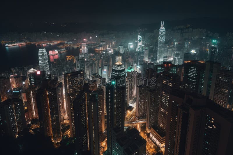 Skyscraper, with View of the City at Night, and Bright Lights Shining ...