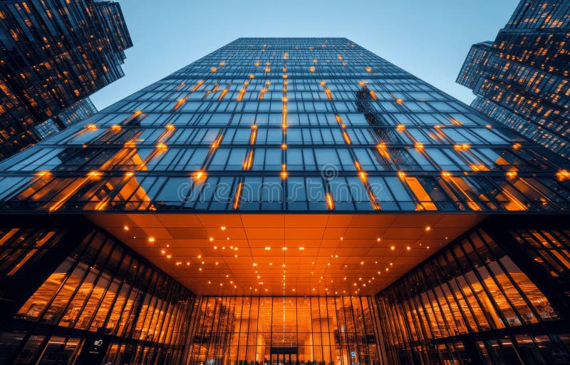 Skyscraper View at Dusk with Illuminated Windows in a Bustling Urban ...