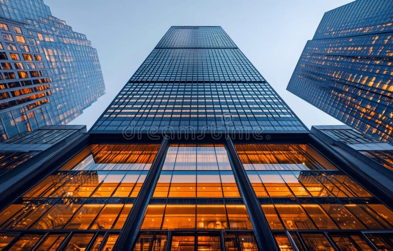 Skyscraper View at Dusk with Illuminated Windows in a Bustling Urban ...