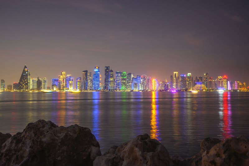 Skyscraper View from the Seaside in Doha, Qatar in the Evening after ...