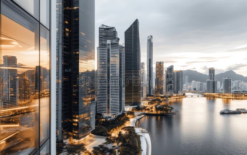 Skyscraper Windows Reflect Buildings and a River, Showcasing Urban ...