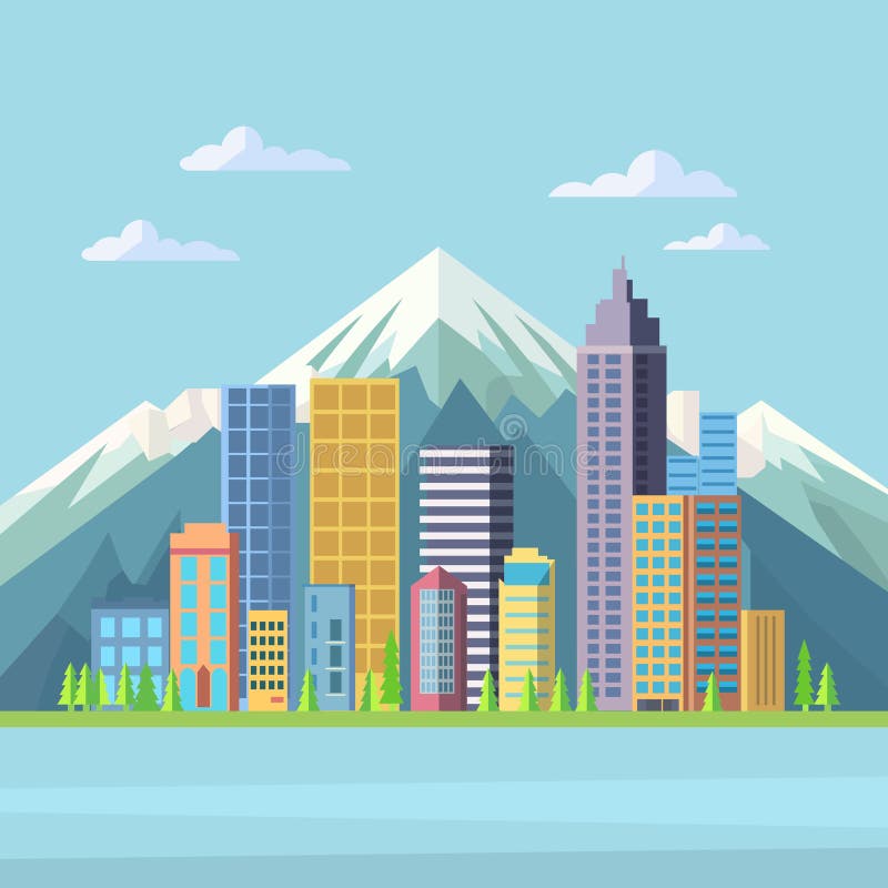 Skyscrapers Building with Mountain View in Bright Day Flat Design Stock ...