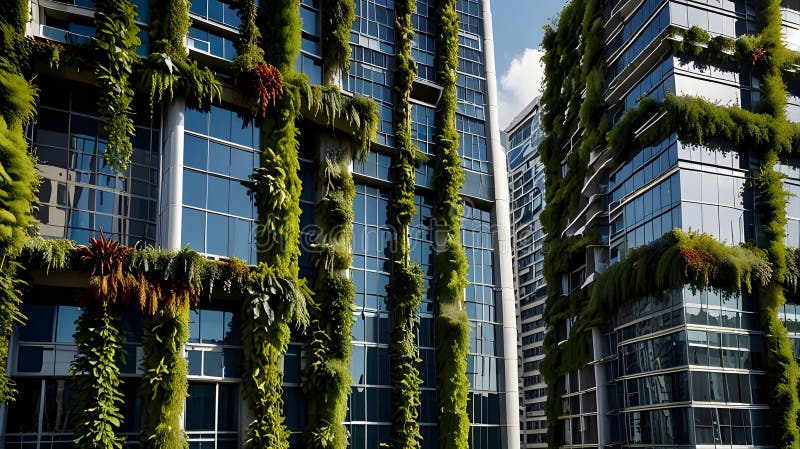 Skyscrapers Covered with Vertical Gardens and Solar Panels Stock ...