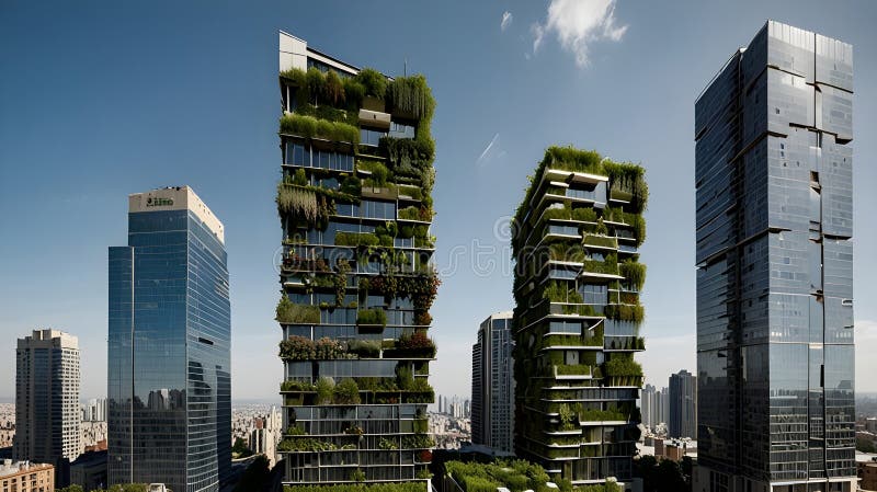 Skyscrapers Covered with Vertical Gardens and Solar Panels Stock ...