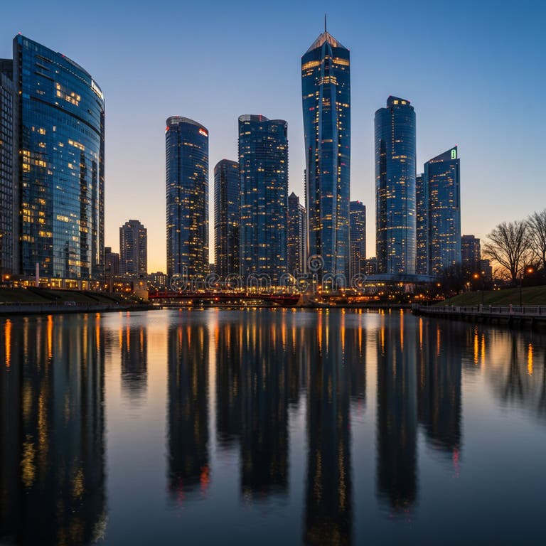 Skyscrapers with Curved and Angular Designs Reflect on a Calm Body of ...