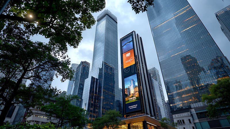 Skyscrapers and Digital Billboard in Urban Setting Stock Illustration ...
