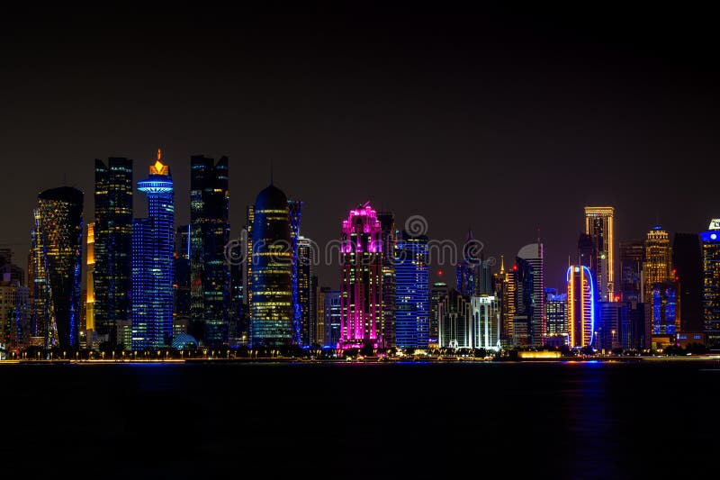 Skyscrapers of Downtown Doha at Night, Qatar Editorial Image - Image of ...