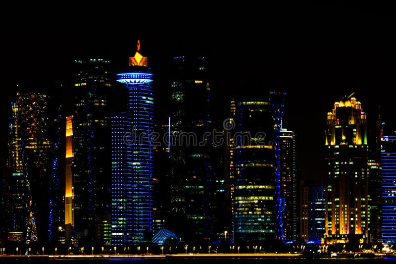 Skyscrapers of Downtown Doha at Night, Qatar Editorial Photography ...