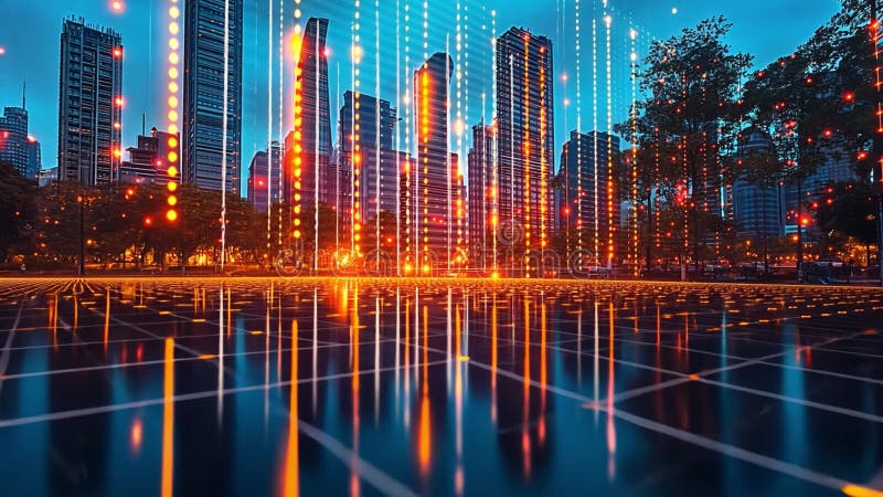Sunset City Skyline Illuminated with Vibrant Digital Lights and ...