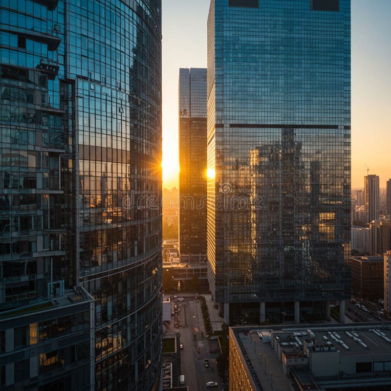 Skyscrapers with Glass Facades Reflect the Setting Sun, Casting a Warm ...