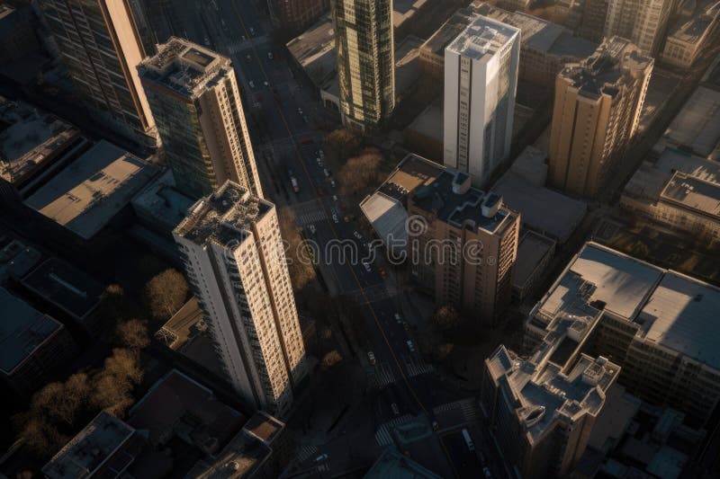 Skyscrapers and High-rises Cast Their Shadows on City Streets Below ...