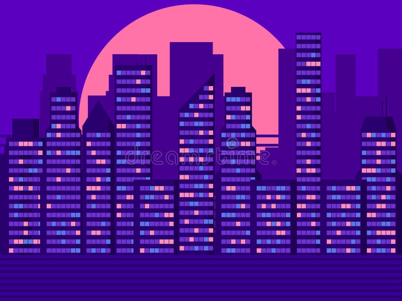 Skyscrapers Landscape in Retro Style. Light in the Windows. City Sunset ...