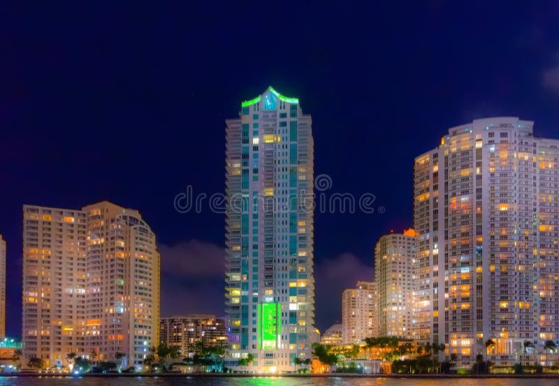 Skyscrapers in Miami Riverwalk at Night Stock Image - Image of built ...