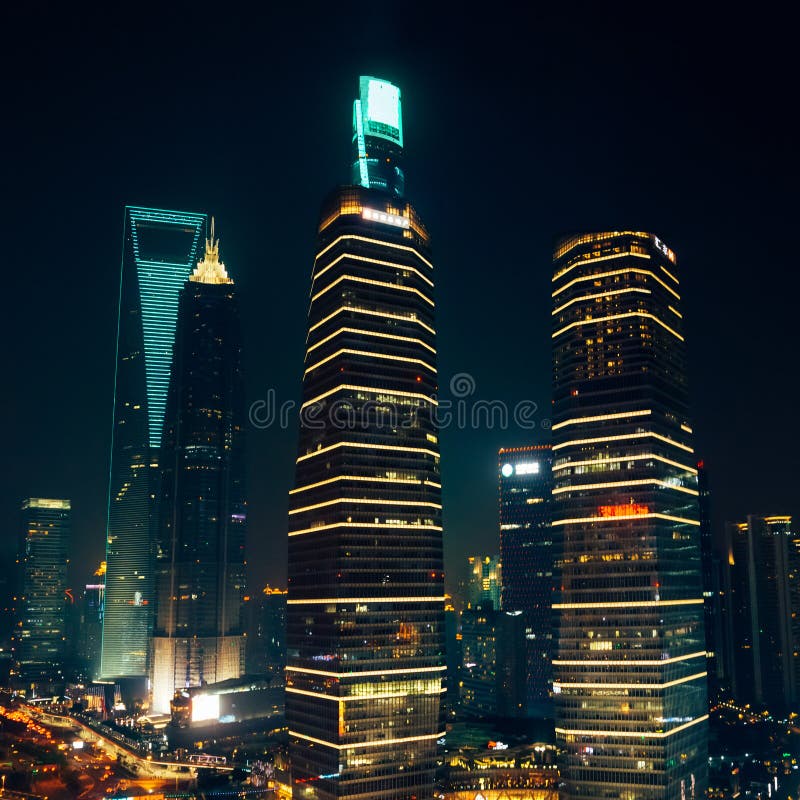 Skyscrapers and Office Buildings at Night in Shanghai Editorial ...