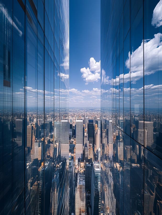 Skyscrapers Reflection in Manhattan on Sunny Day Stock Illustration ...