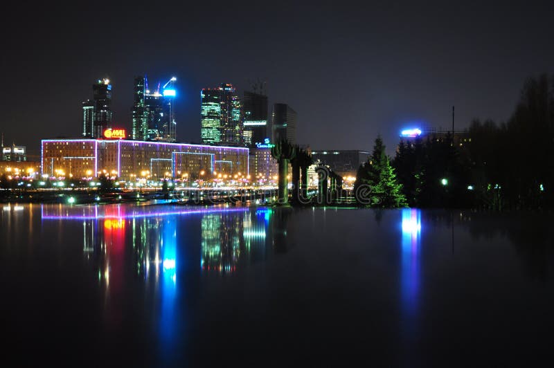 Skyscrapers and Reflection at Night Stock Image - Image of city ...