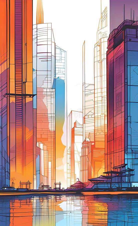 Skyscrapers at Sunset, Graphic Perspective of Buildings, Abstract ...