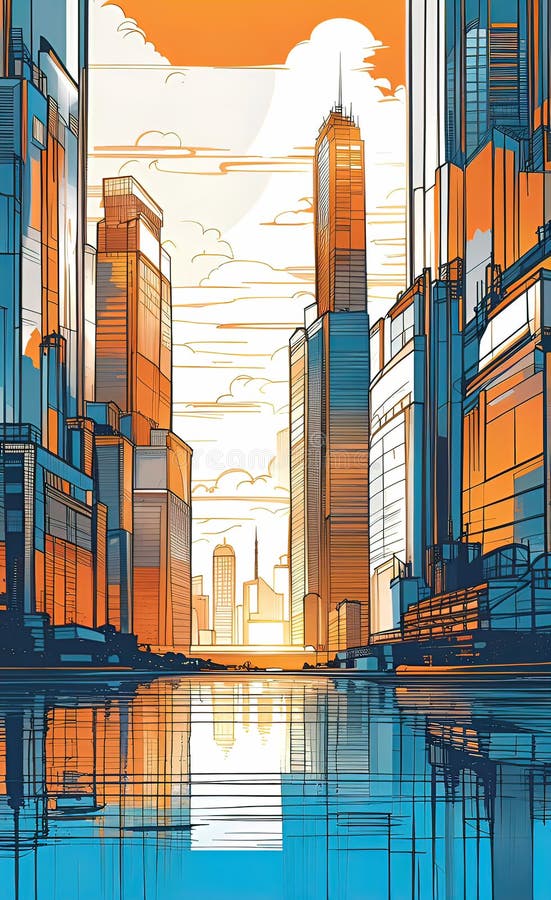 Skyscrapers at Sunset, Graphic Perspective of Buildings, Abstract ...