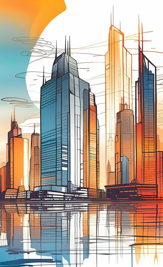 Skyscrapers at Sunset, Graphic Perspective of Buildings, Abstract ...