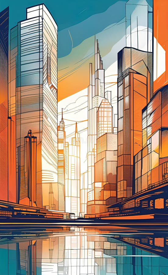 Skyscrapers at Sunset, Graphic Perspective of Buildings, Abstract ...