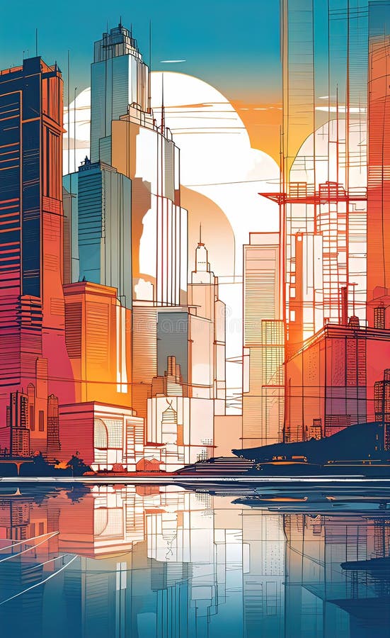 Skyscrapers at Sunset, Graphic Perspective of Buildings, Abstract ...