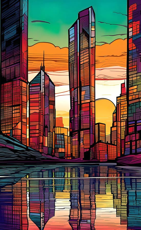 Skyscrapers at Sunset, Graphic Perspective of Buildings, Abstract ...