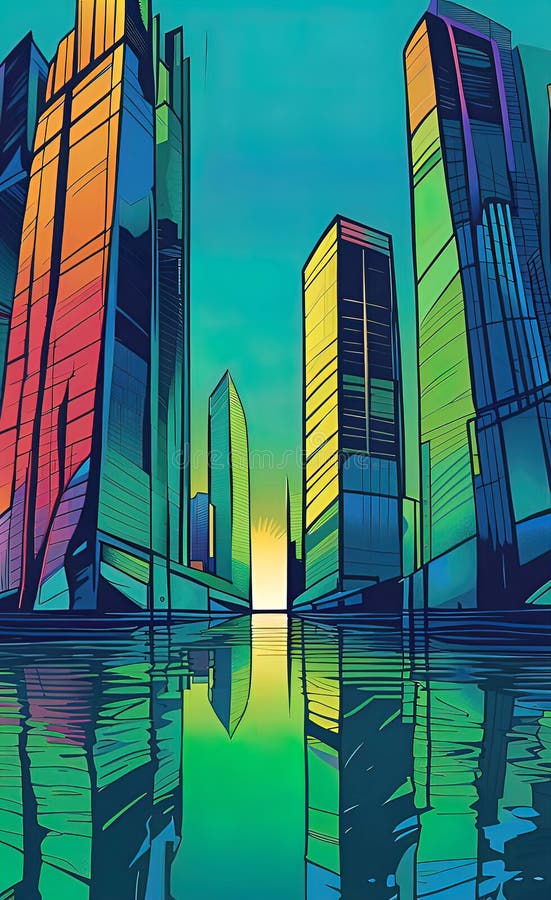 Skyscrapers at Sunset, Graphic Perspective of Buildings, Abstract ...